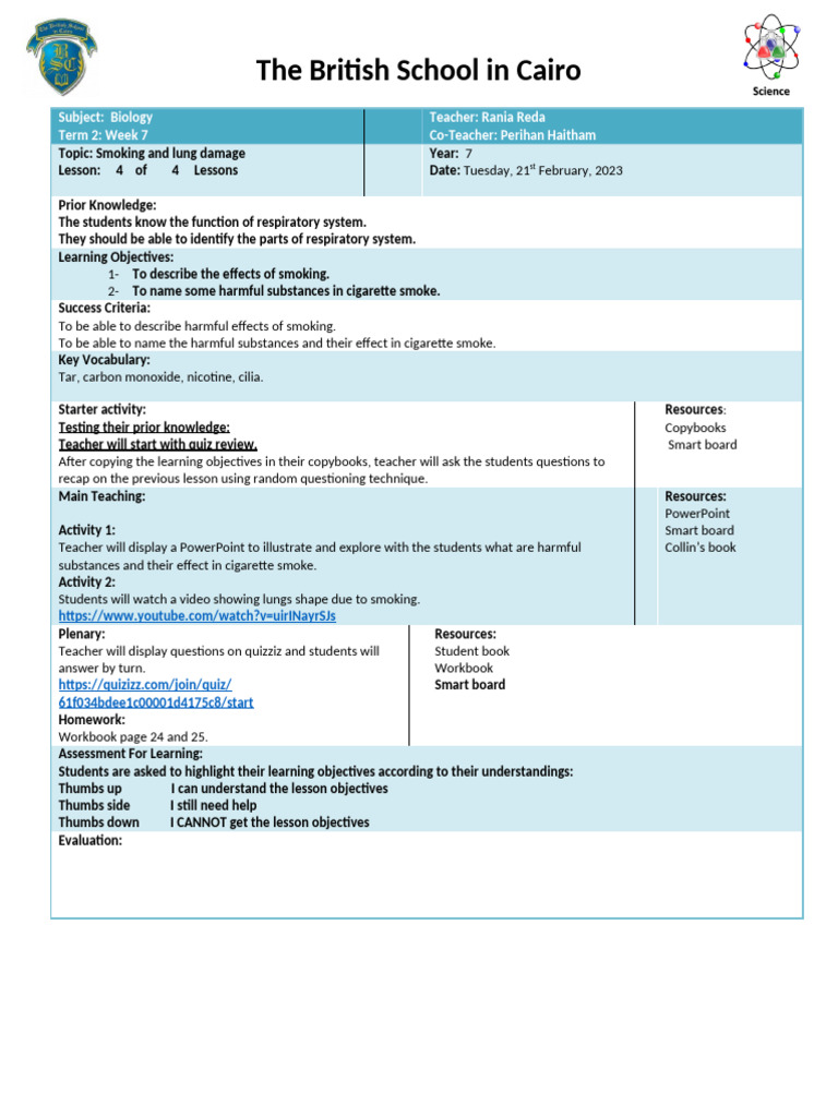 Smoking and Lung Damage Lesson Plan L2 (T2 Week 7) | PDF | Cigarette ...