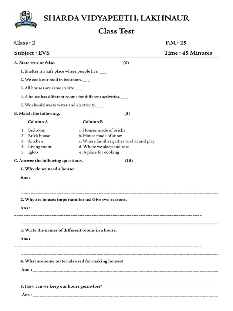 Class 2 EVS Test on Houses and Shelter | PDF
