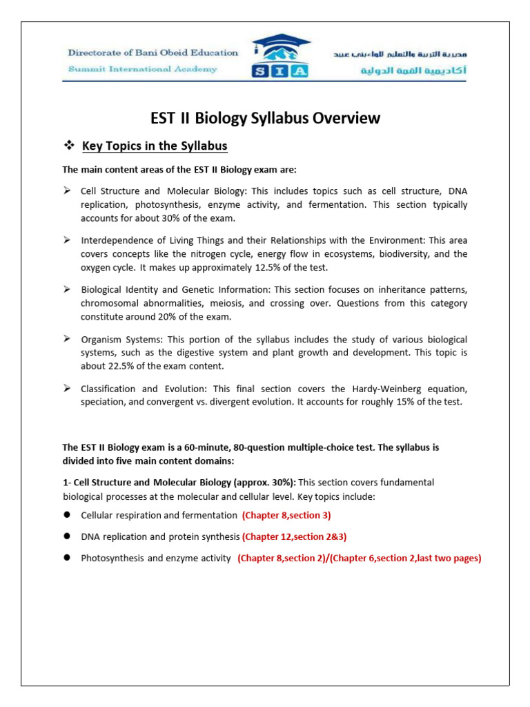 EST II Biology Syllabus 2025 Overview | PDF | Biology | Evolution