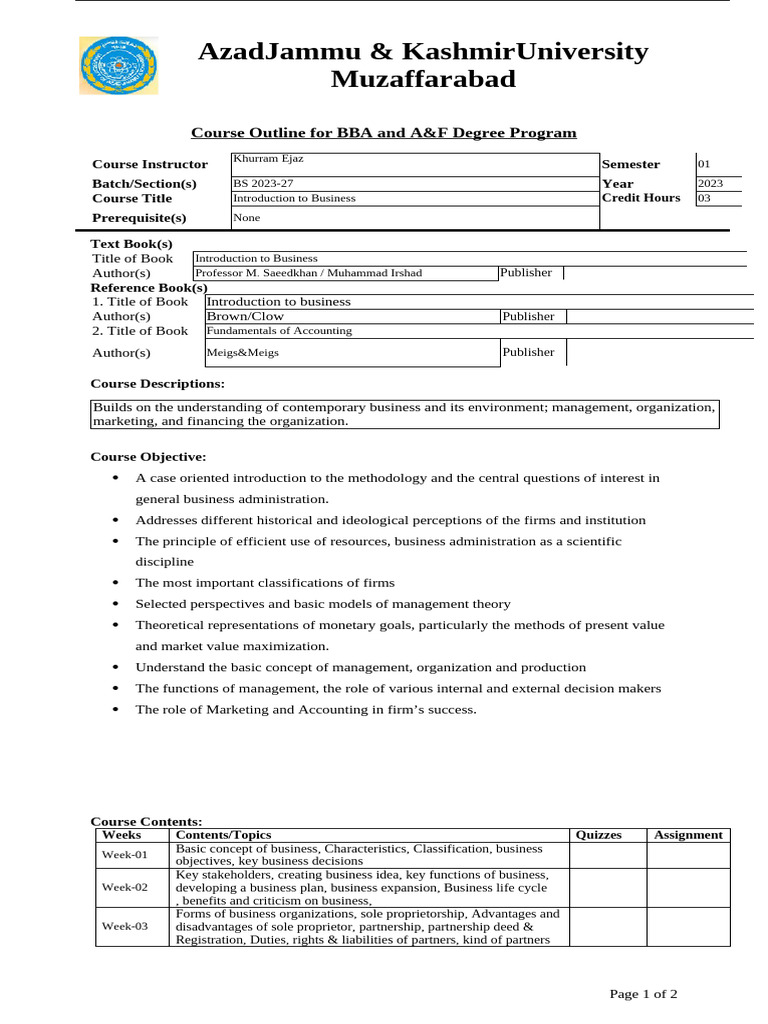BBA Introduction to Business Course Outline | PDF | Business | Homework