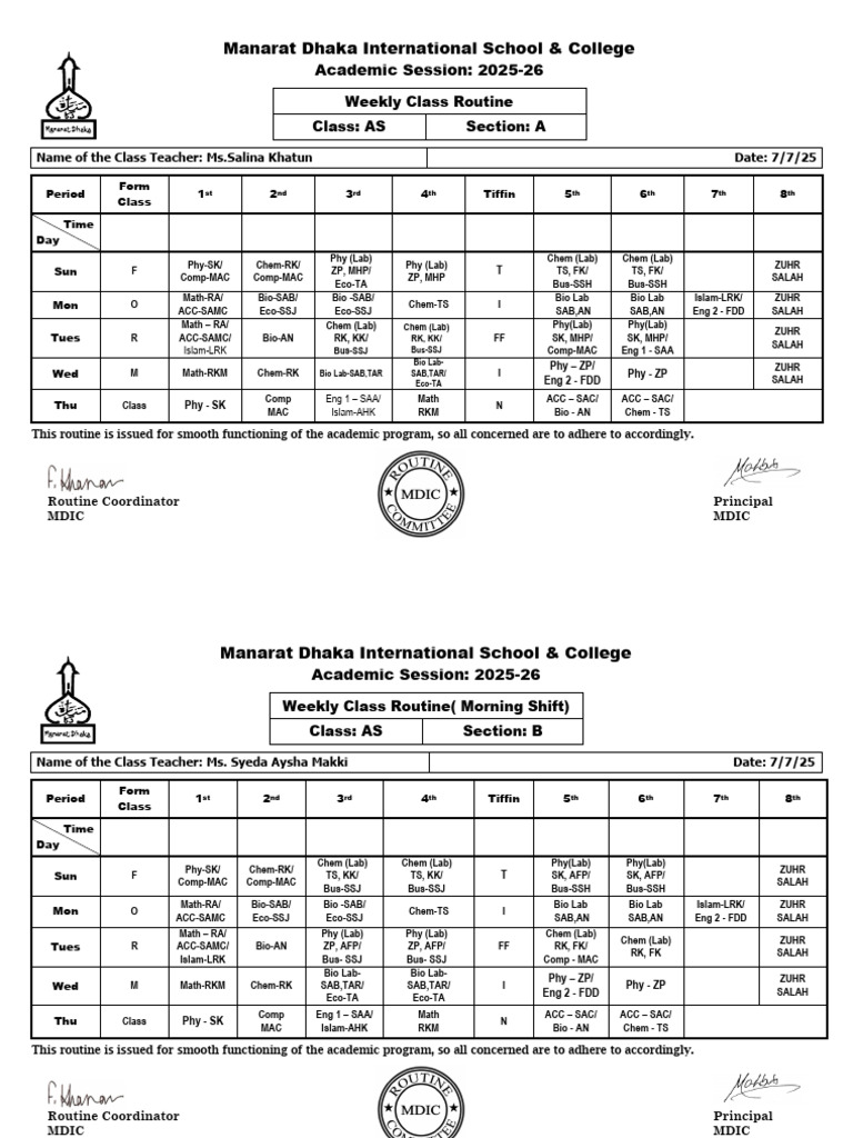 AS Class Weekly Routine 2025-26 | PDF | Prayer