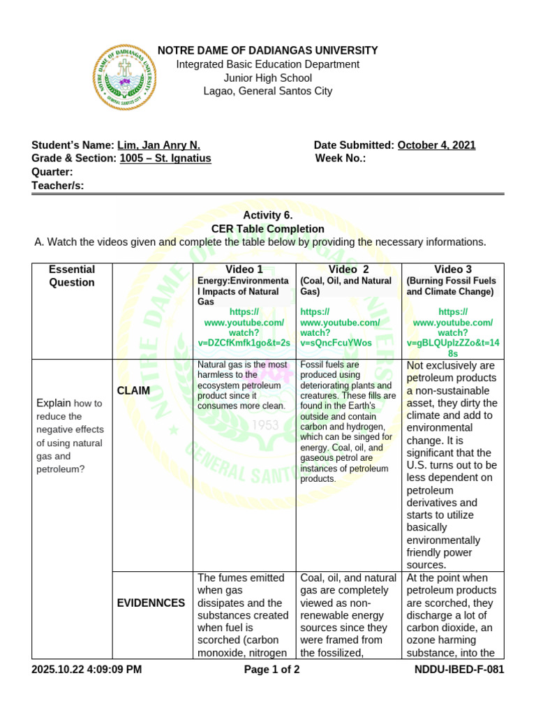 CHEM Worksheet 1-6 Adv. Chem CER STRAT | PDF | Natural Gas | Coal