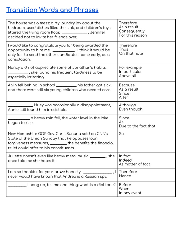 Transition Words and Phrases Assignment | PDF