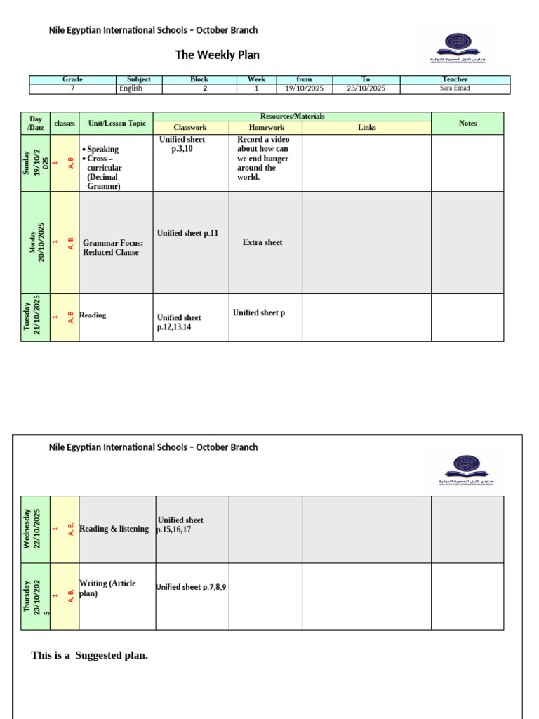 Weekly English Plan for Grade 7 | PDF | Linguistics