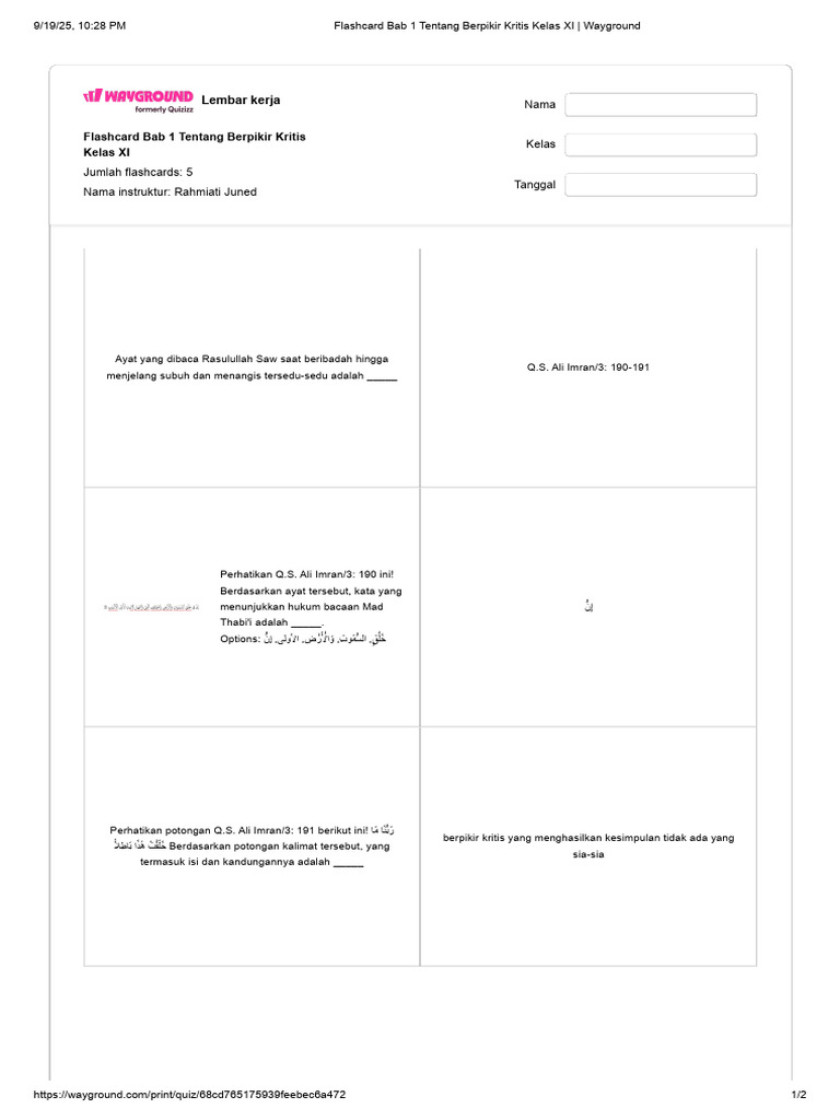 Flashcard Bab 1 Tentang Berpikir Kritis Kelas XI - Wayground Kartu | PDF