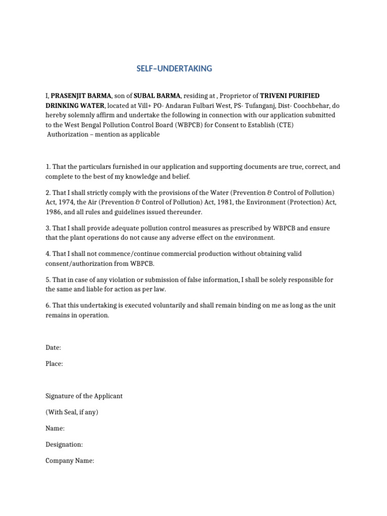 Self-Undertaking for WBPCB CTE Application | PDF