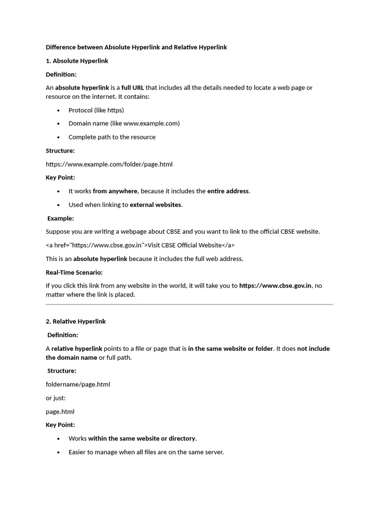 Class X - Absolute Hyperlink and Relative Hyperlink | PDF | Hyperlink | World Wide Web
