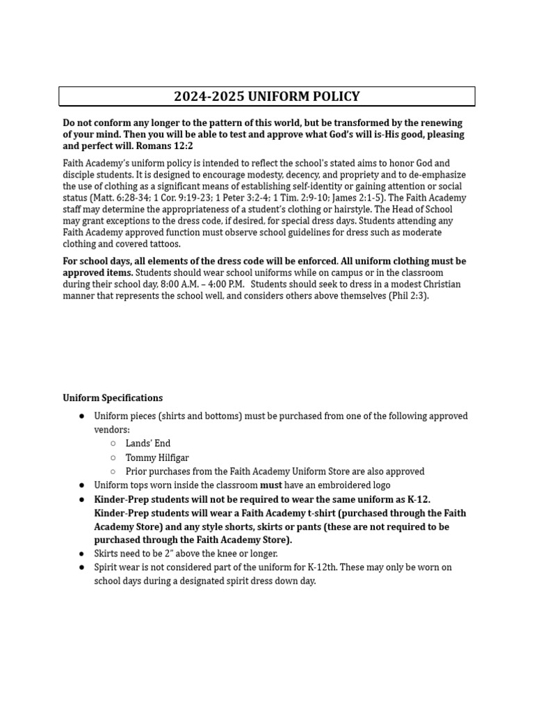 Faith Academy Uniform Policy 2024-2025 | PDF | Sweater | Shoe