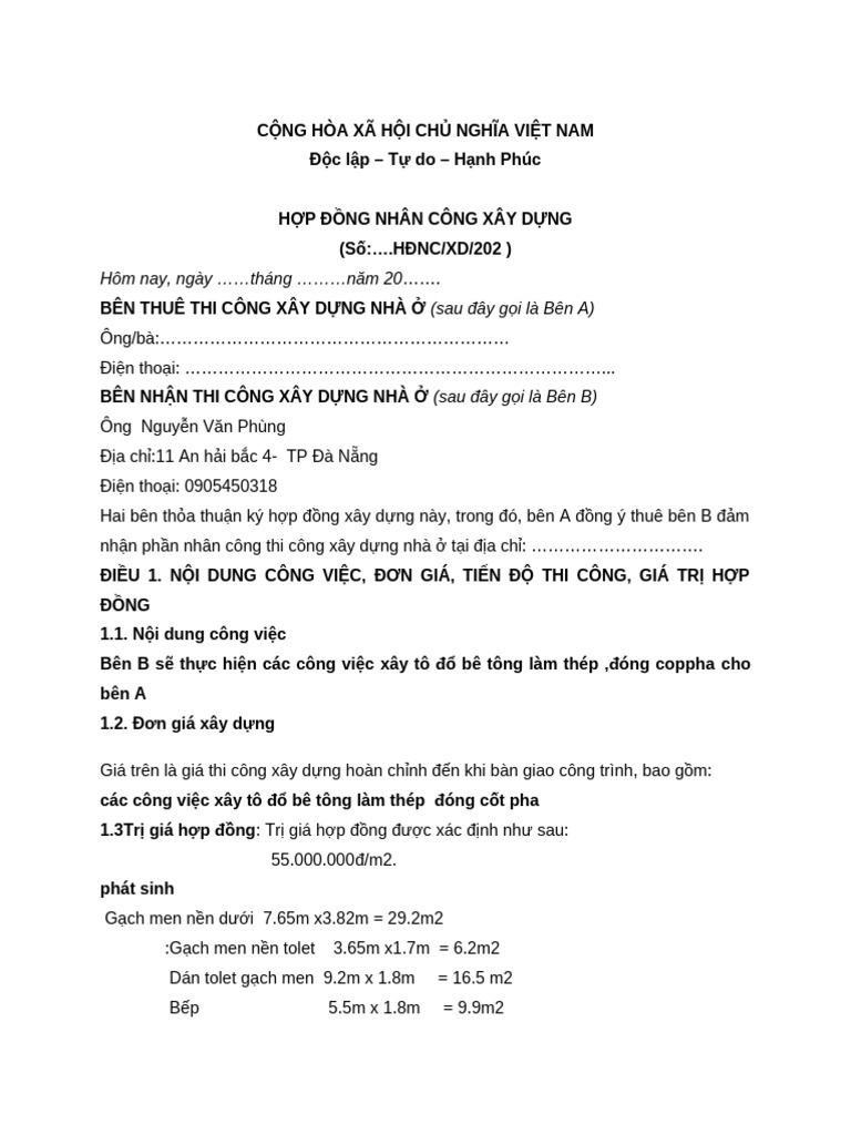 Mau Hop Dong Nhan Cong Xay Dung | PDF