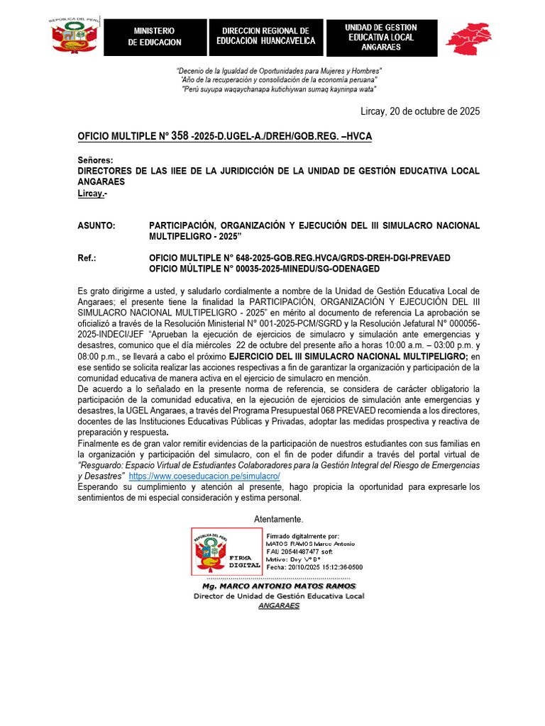 Oficio Mult. 358 Participación Organización y Ejecución Del Iii Simulacro Nacional Multipeligro ...