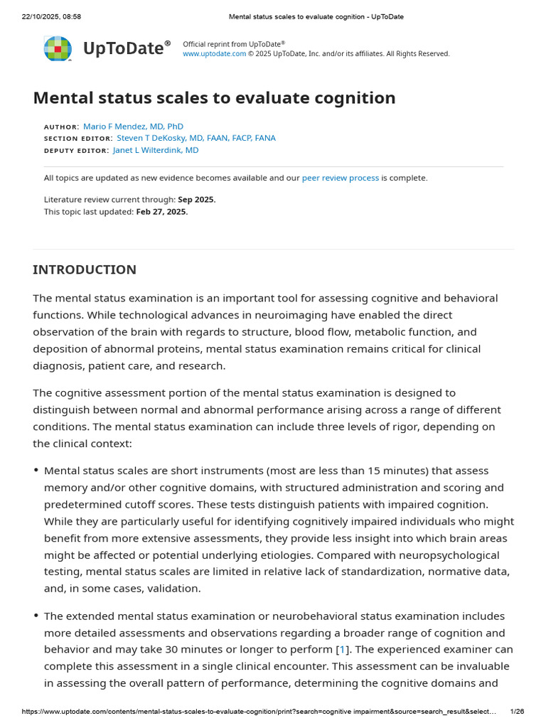 Mental Status Scales for Cognitive Assessment | PDF ...
