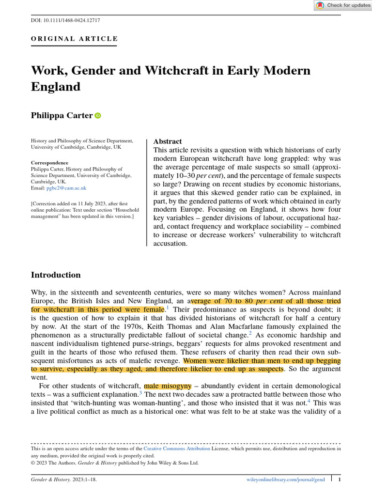 Gender History - 2023 - Carter - Work Gender and Witchcraft in Early ...