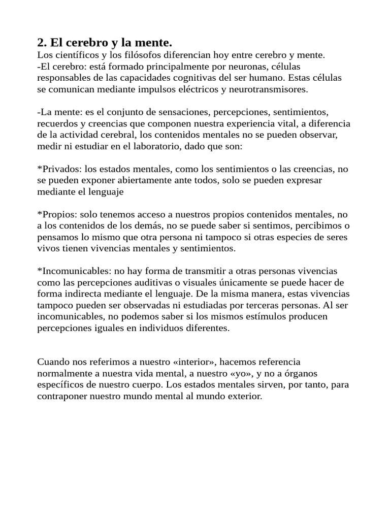 Apuntes Filosofía Word | PDF | Mente | Cerebro