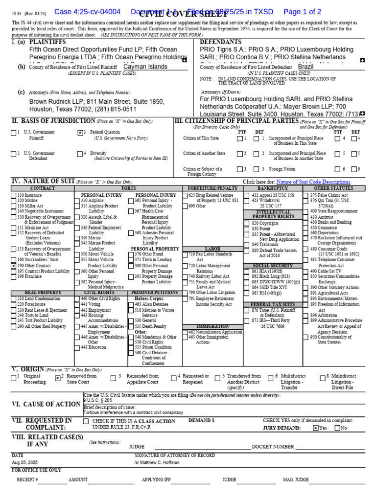 2025.08.25 Federal Court Civil Cover Sheet | PDF | Diversity ...
