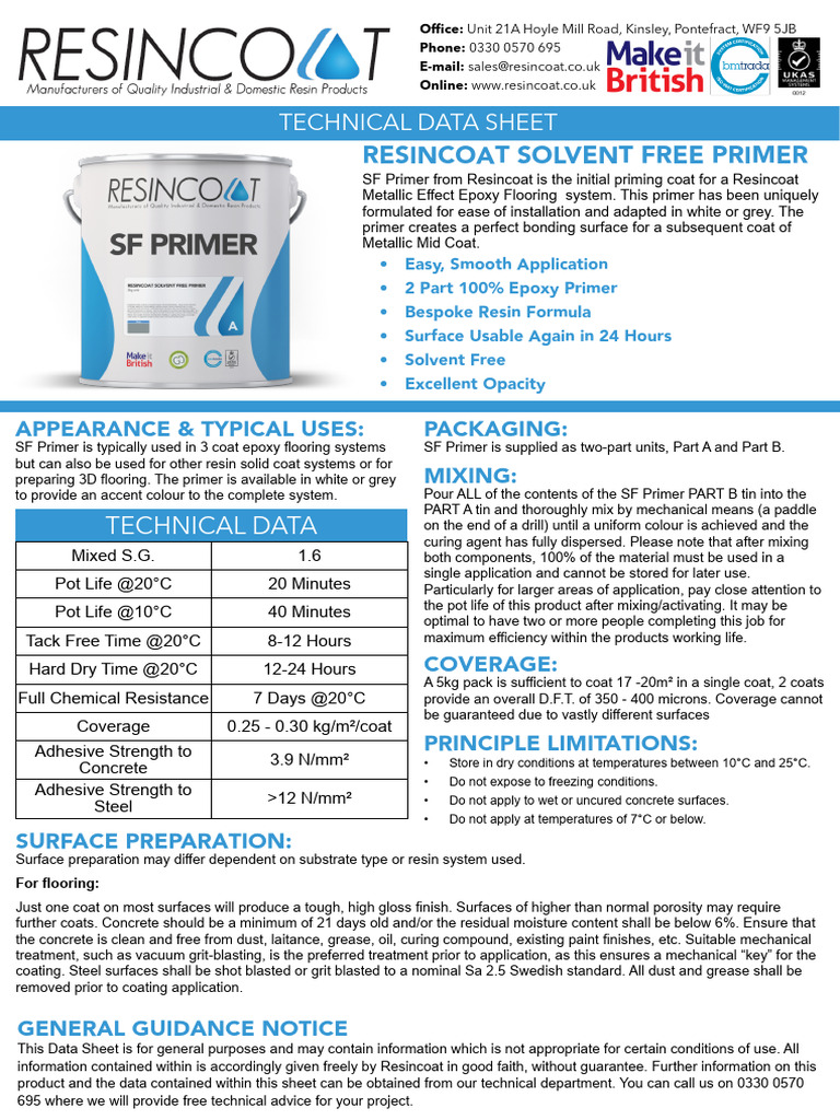 AGP002 - Solvent Free Primer TDS | PDF | Concrete | Epoxy