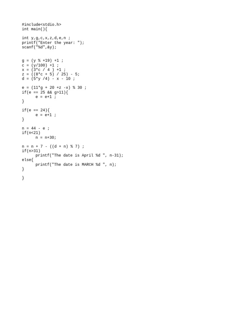 Calculate Easter Date in C Code | PDF