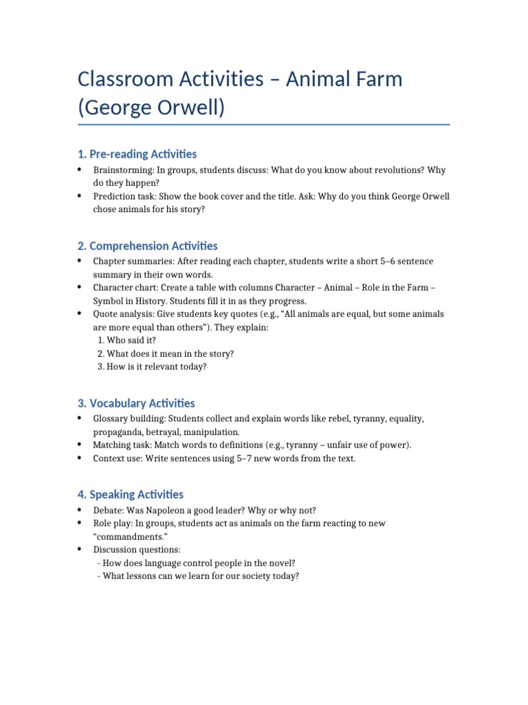 Classroom Activities for Animal Farm | PDF