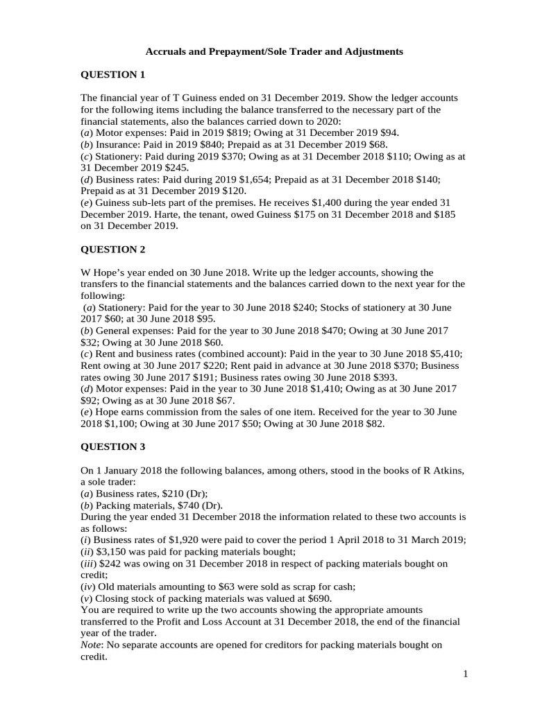 Ledger Adjustments for Sole Traders | PDF | Expense | Debt