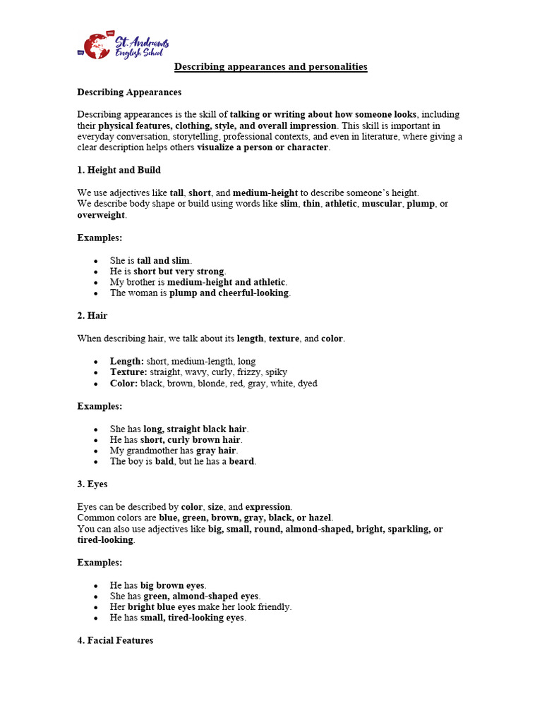 Describing Appearances and Personalities | PDF | Face | Smile