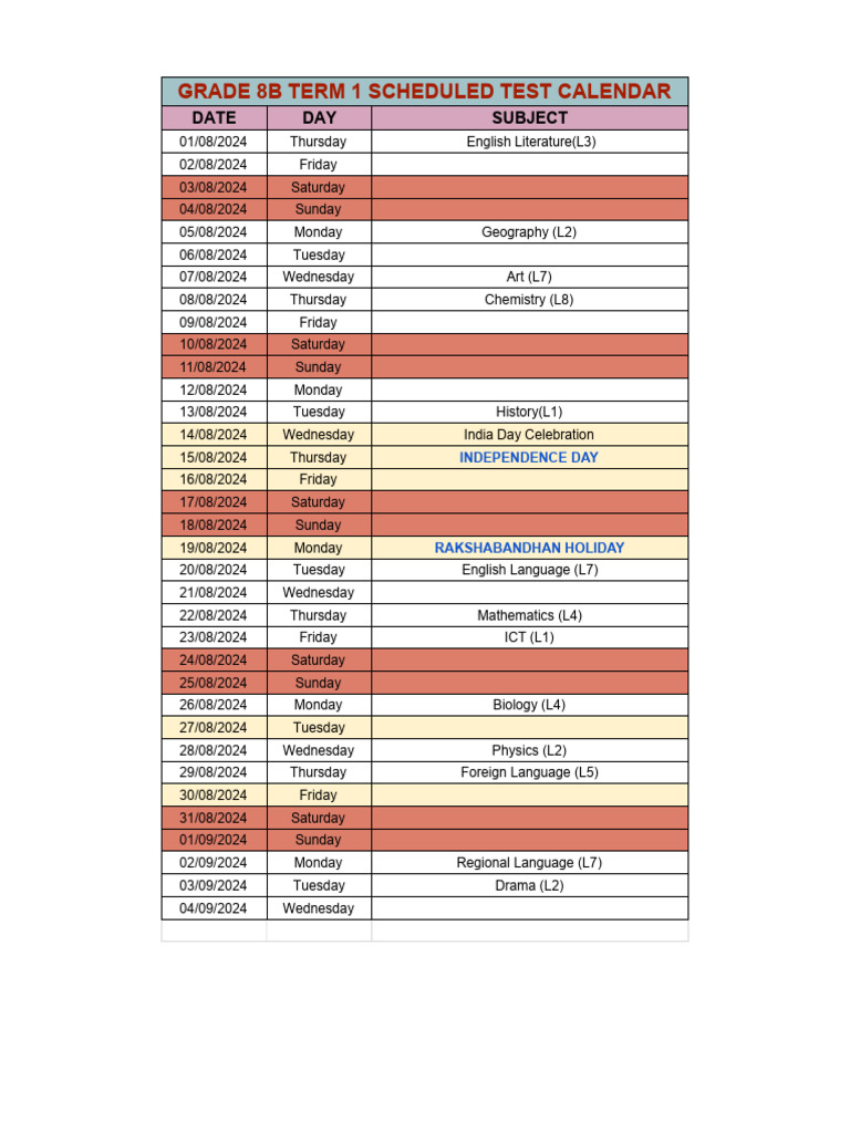 Scheduled Test Timetable - Grade 8B | PDF