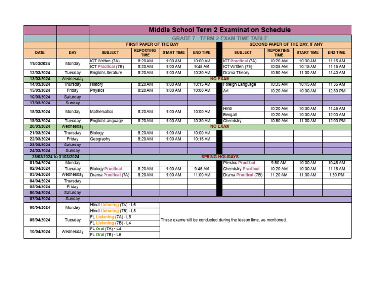Grade 7 Term 2 Exam Schedule 2024 | PDF