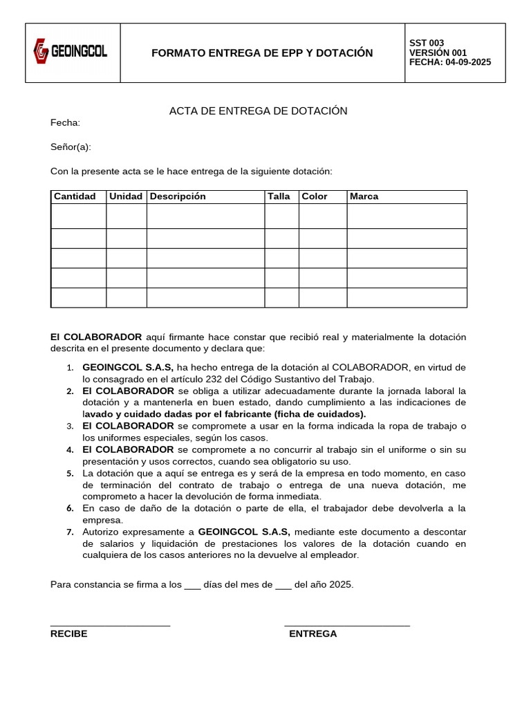 Acta de Entrega Dotación | PDF