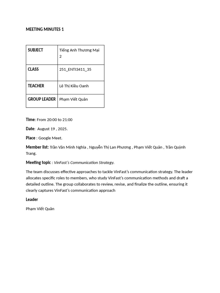 VinFast Communication Strategy Meeting Minutes | PDF