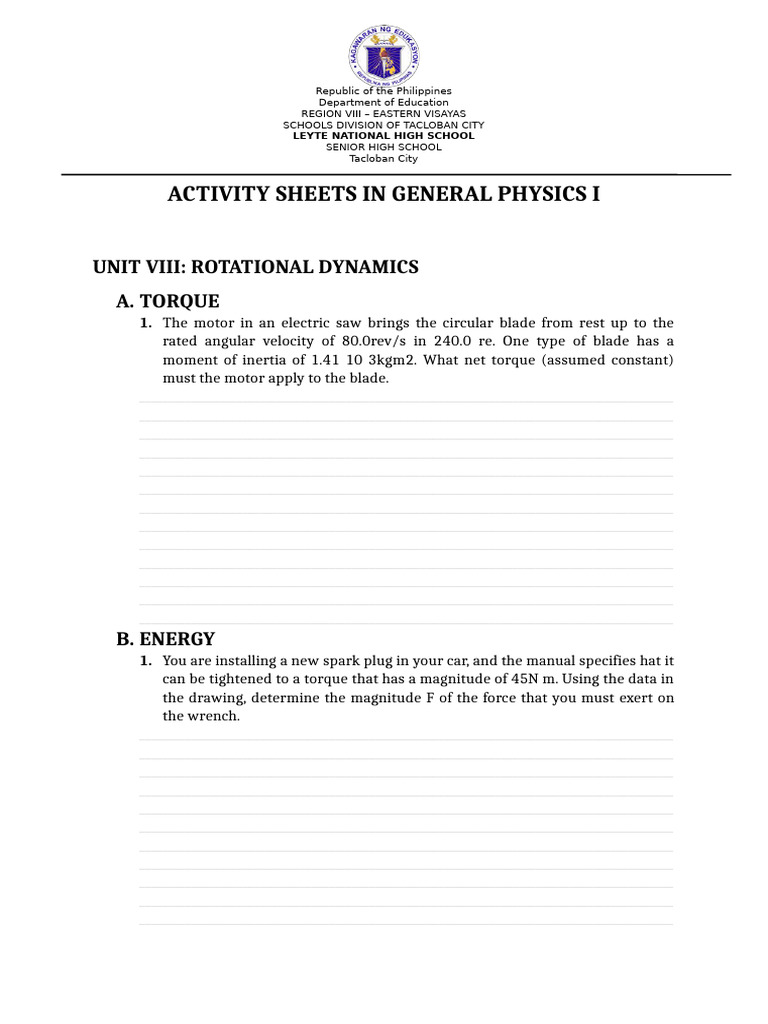 General Physics I: Torque & Energy Activities | PDF | Torque | Applied ...