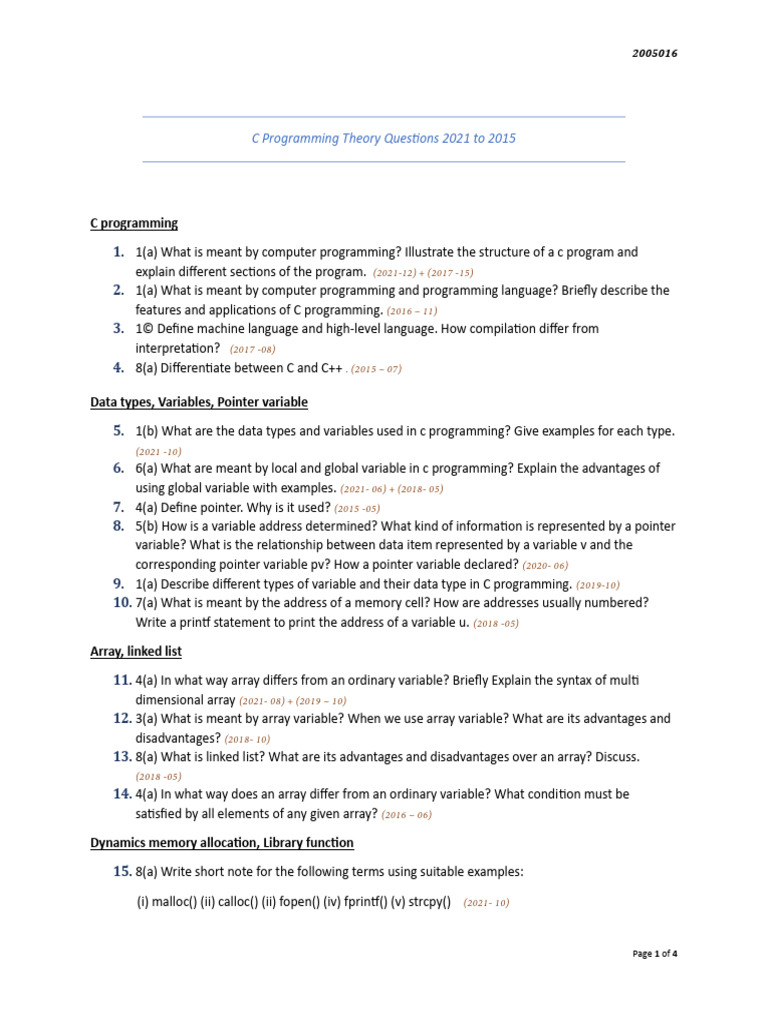 C Programming Theory QB Analysis | PDF | Pointer (Computer Programming) | Control Flow
