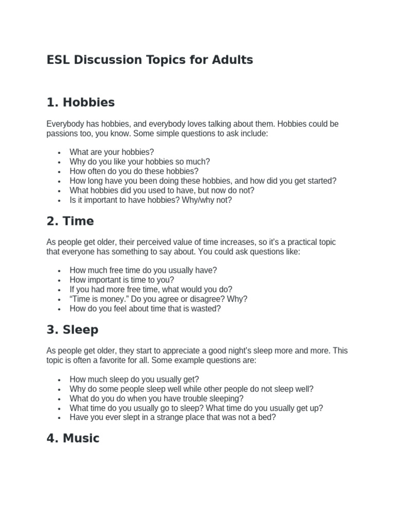 ESL Conversation Topics For Adults | PDF | Beauty | Fluency