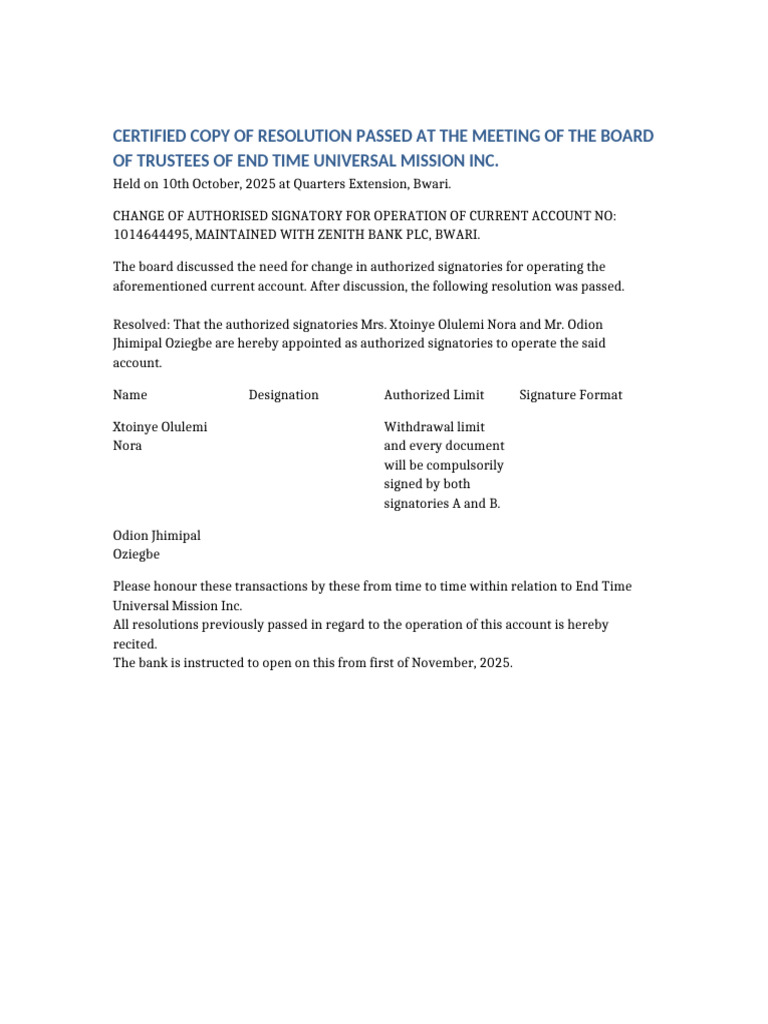 Certified Resolution EndTimeUniversalMission | PDF