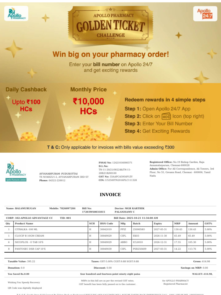 Apollo Pharmacy Invoice Details | PDF | Government Of India | Public ...