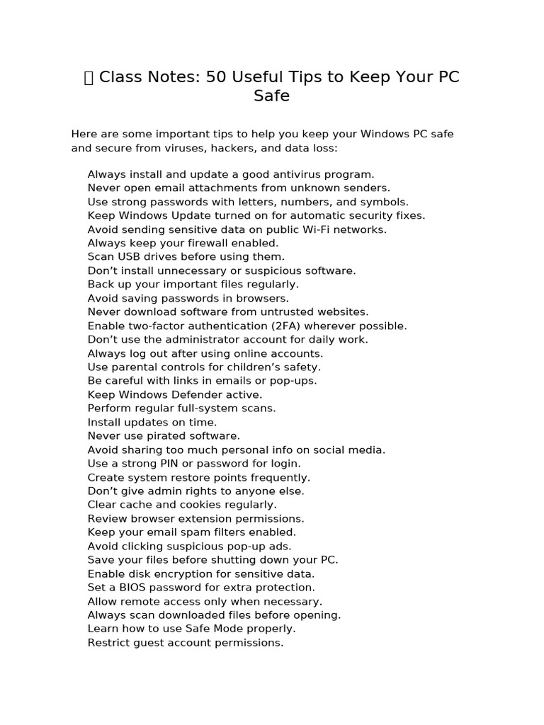 PC Safety Tips ClassNotes English | PDF | Password | Computer File