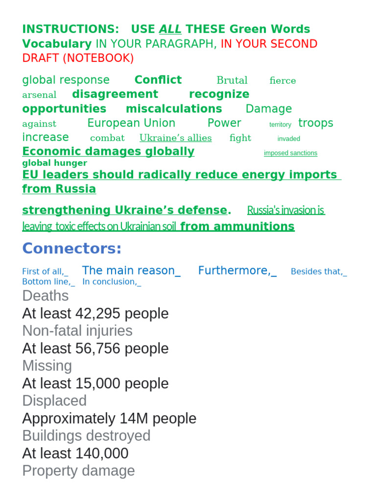 Ukraine War Paragraph Examples. Vocab | PDF
