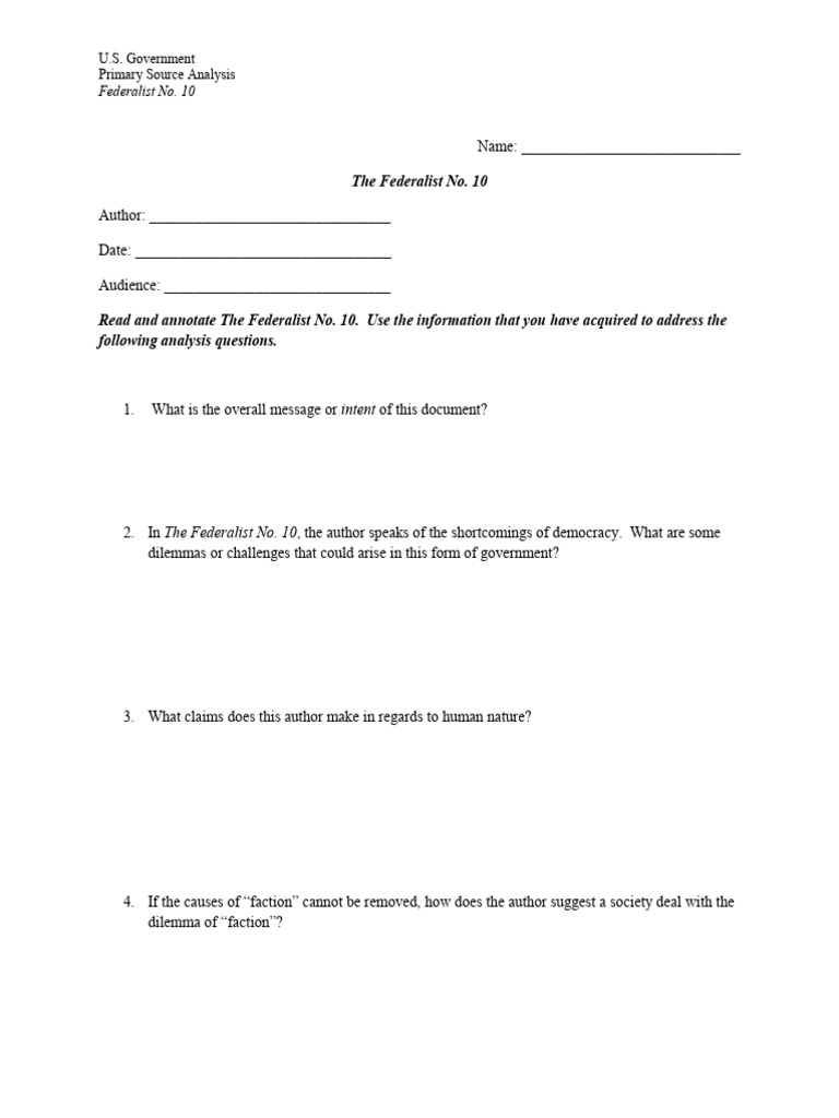 Federalist No. 10 Analysis Guide | PDF