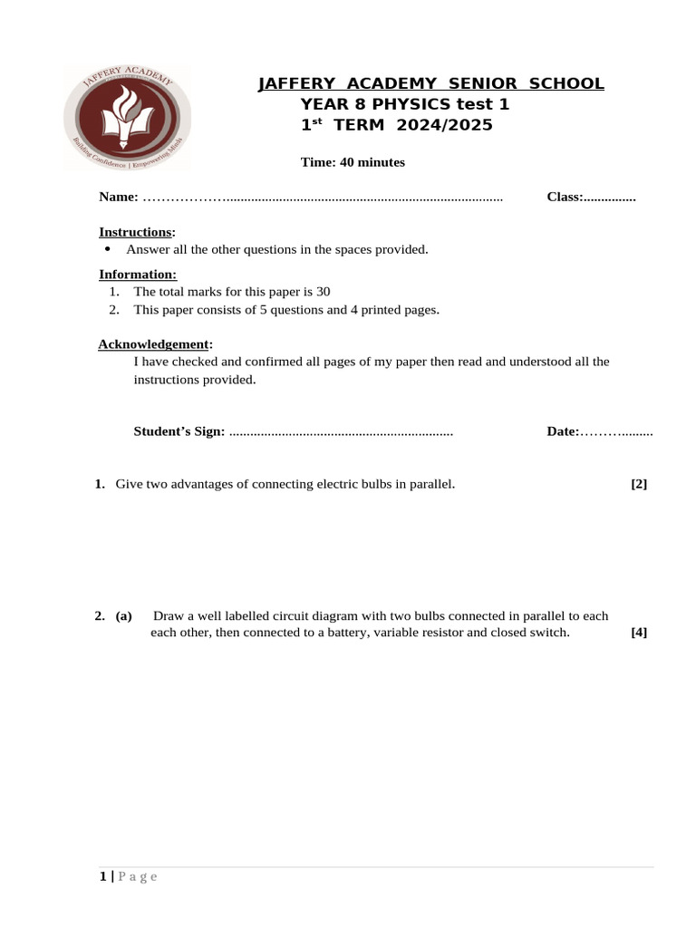YEAR 8 TEST 1 Term1 2024-25 | PDF | Series And Parallel Circuits | Voltage