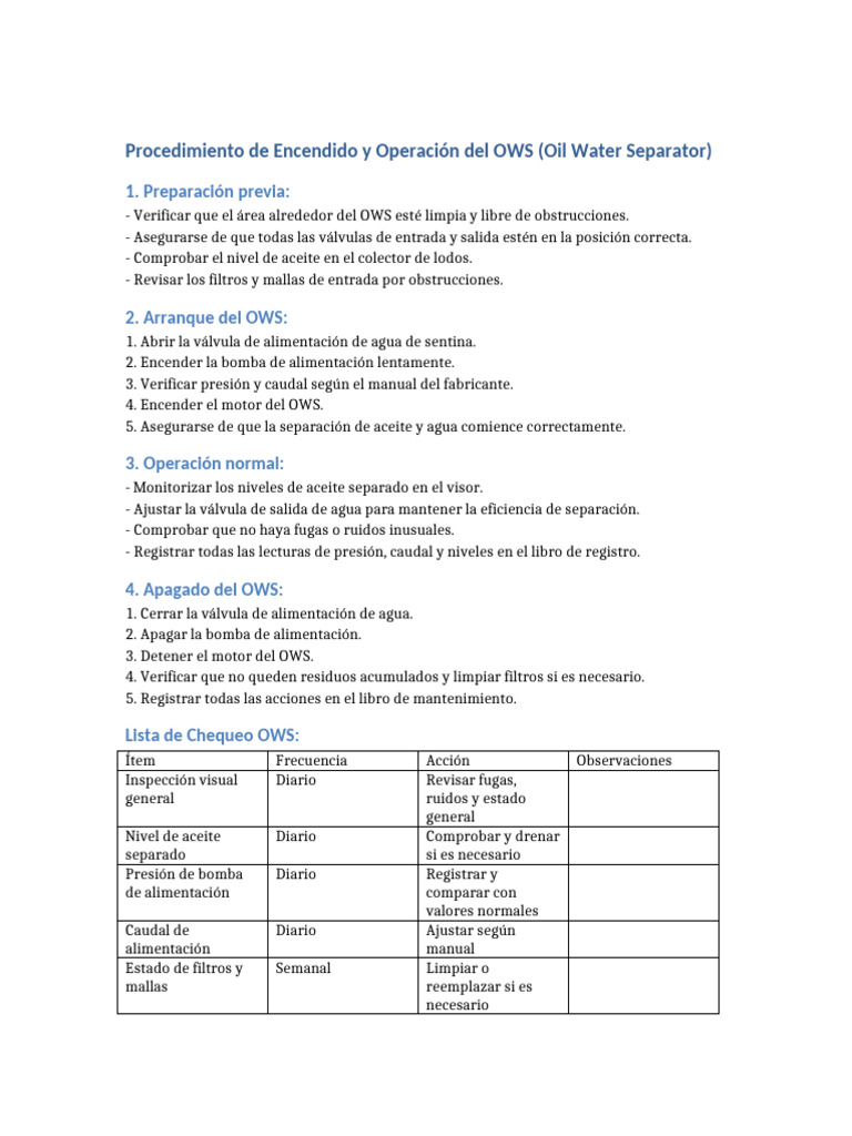 Guía de Operación del OWS: Encendido y Mantenimiento | PDF | Agua