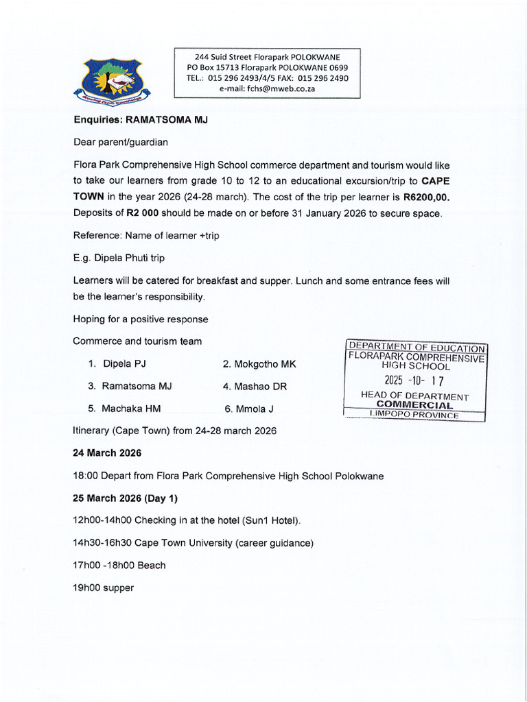 2026 Grade 10 - 12 Trip Letter | PDF