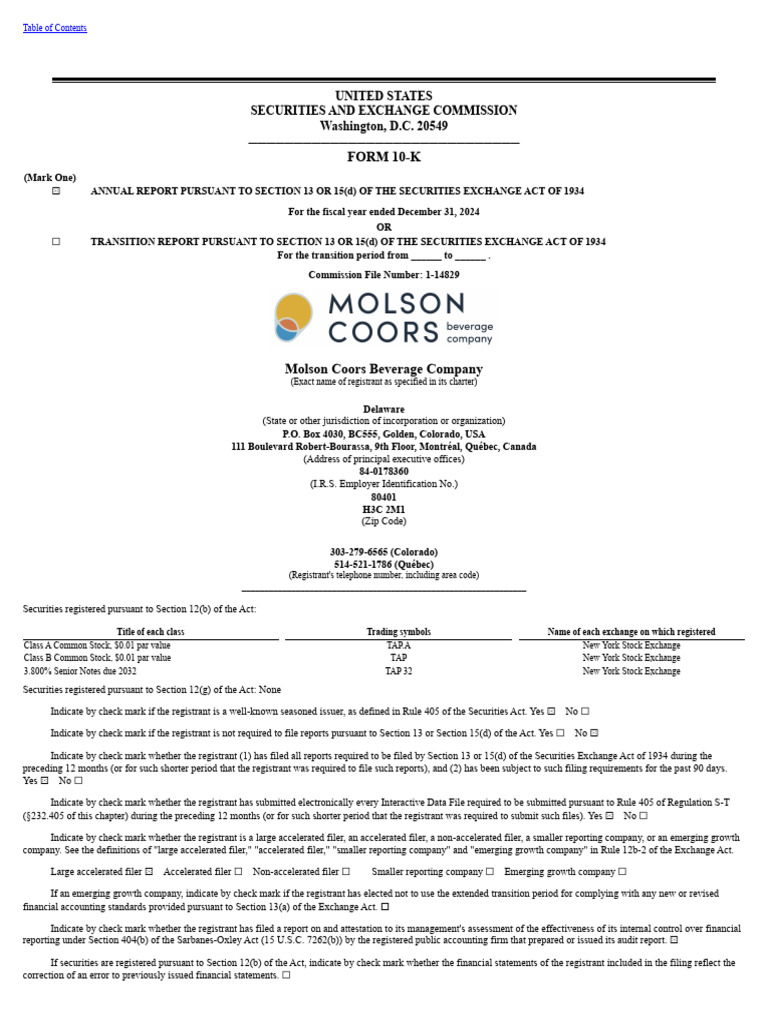 Molson Coors 10 K 2024 | PDF | Taxes | Business
