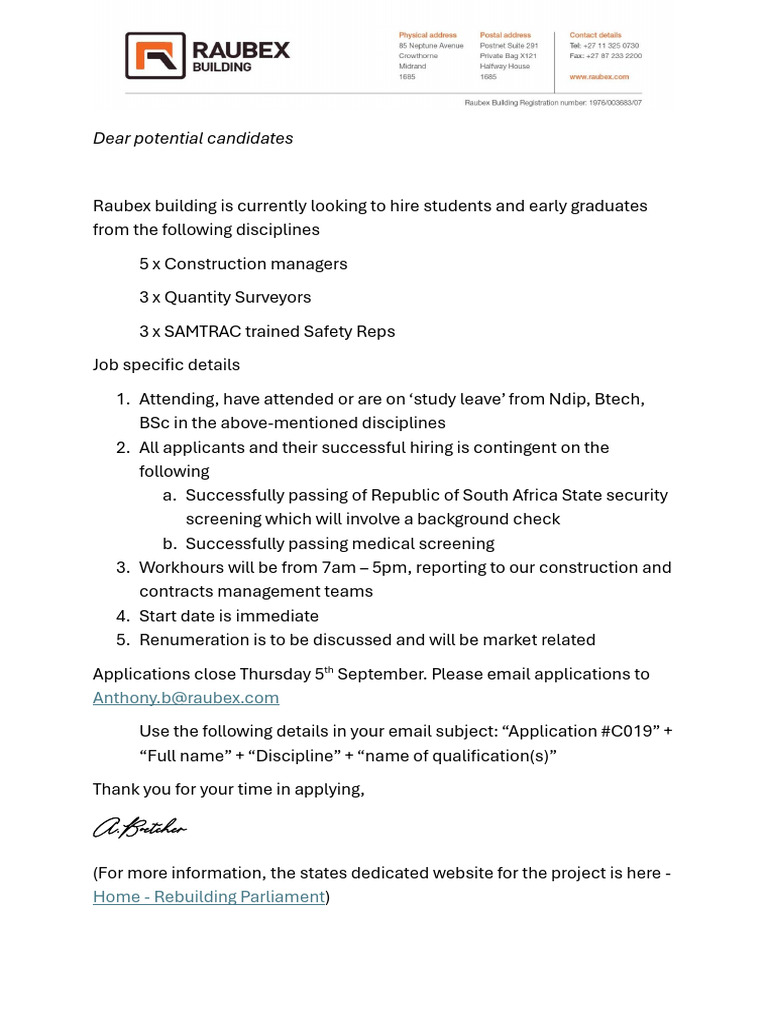 Raubex Job Openings for Graduates | PDF