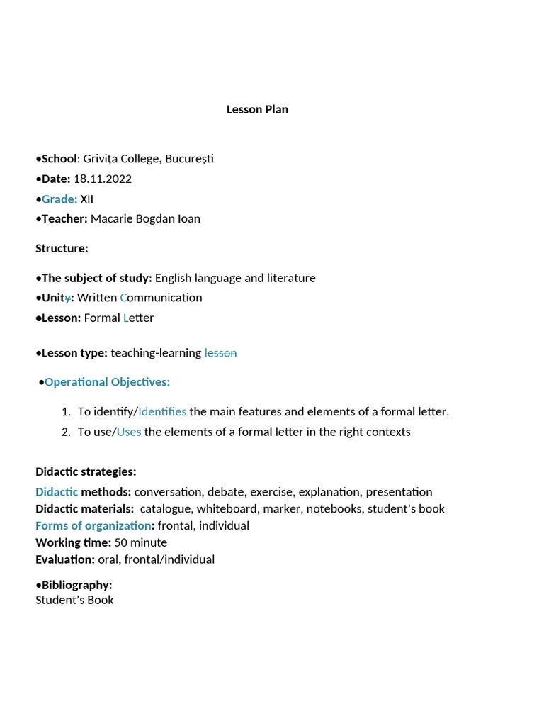 Formal Letter Lesson Plan for XII Grade | PDF | Teachers | Cognition
