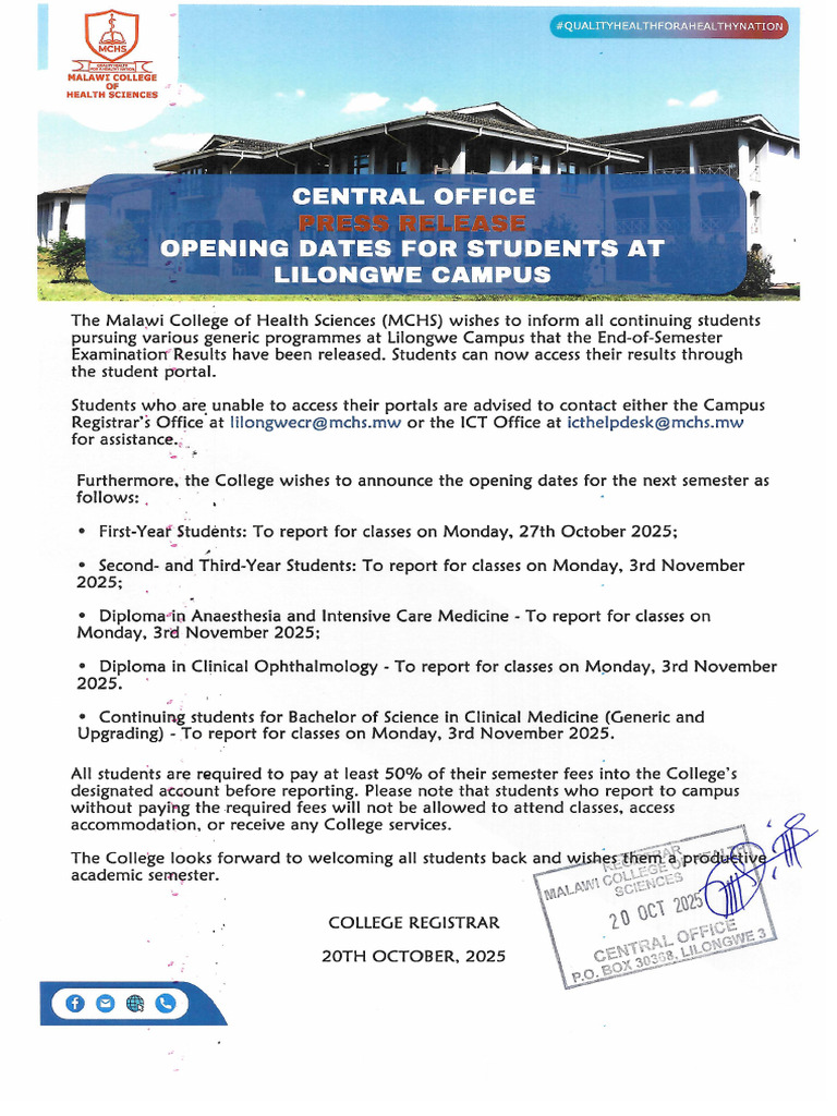 Mchs Opening Dates - LL Campus - 090659 | PDF