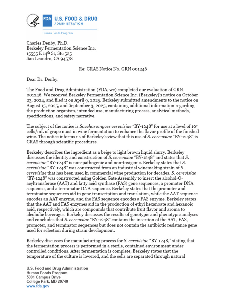 Gras Notice GRN 1246 Agency Response Letter | PDF | Saccharomyces ...