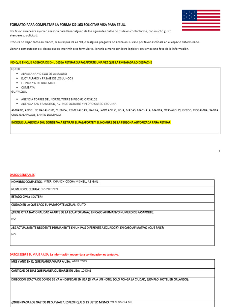 Formato para Completar La Forma Ds-160 Visa Eeuu Ok | PDF | Ecuador