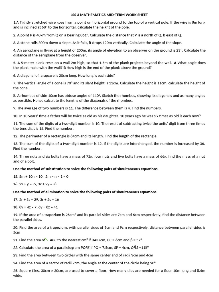 Jss 3 Mathematics Mid-Term Worksheet | PDF | Area | Rectangle