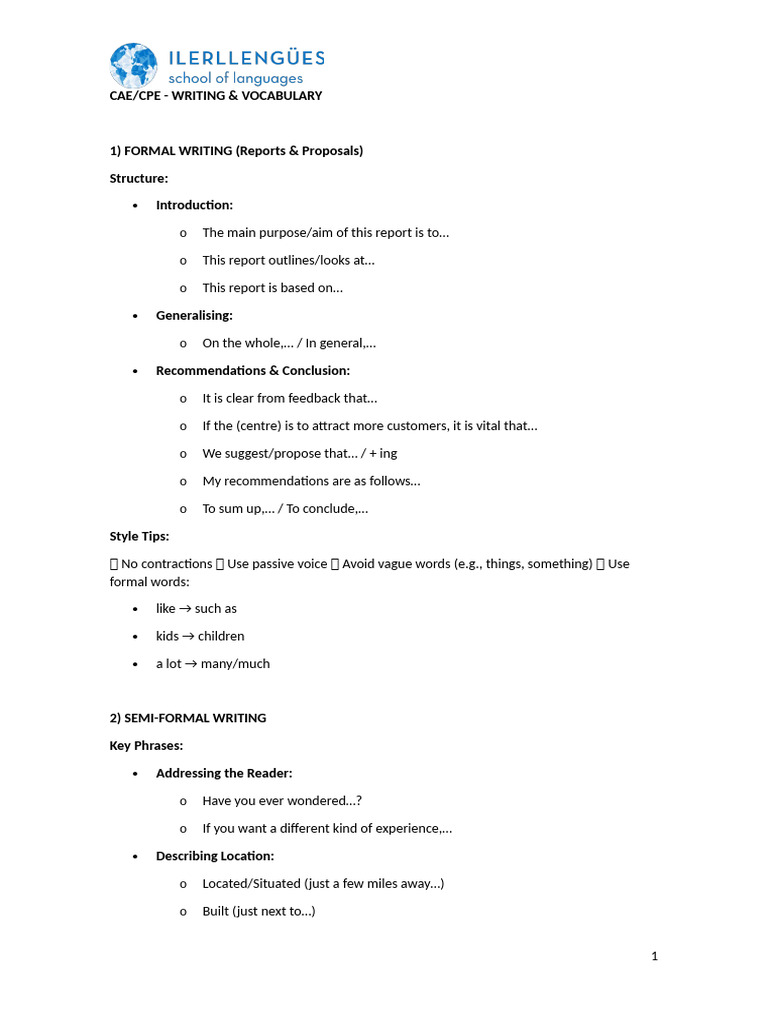 CAE/CPE Writing and Vocabulary Guide | PDF | Verb | Language Mechanics