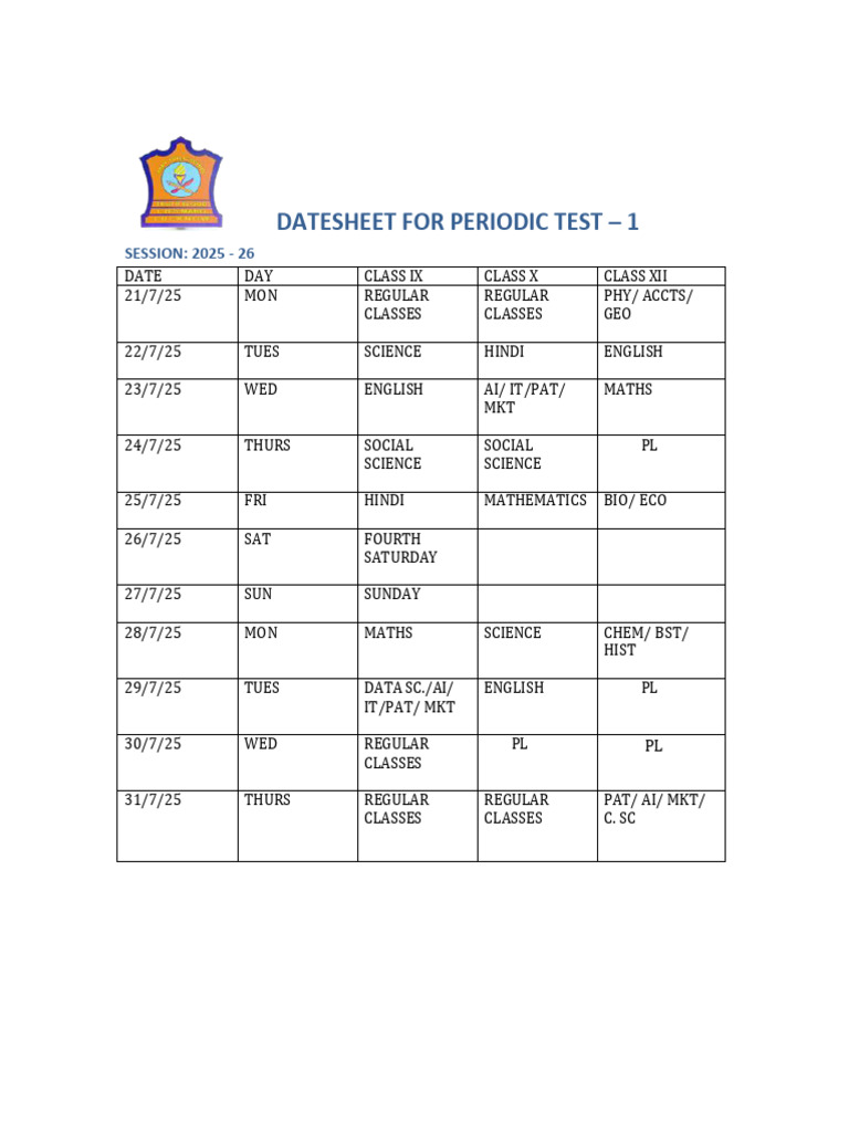 Datesheet Periodic Test 2025-26-2 | PDF