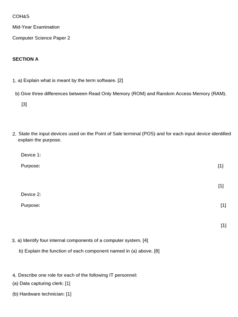 Computer Science Paper2 COHS MidYear Exam | PDF | Input/Output | Read Only Memory