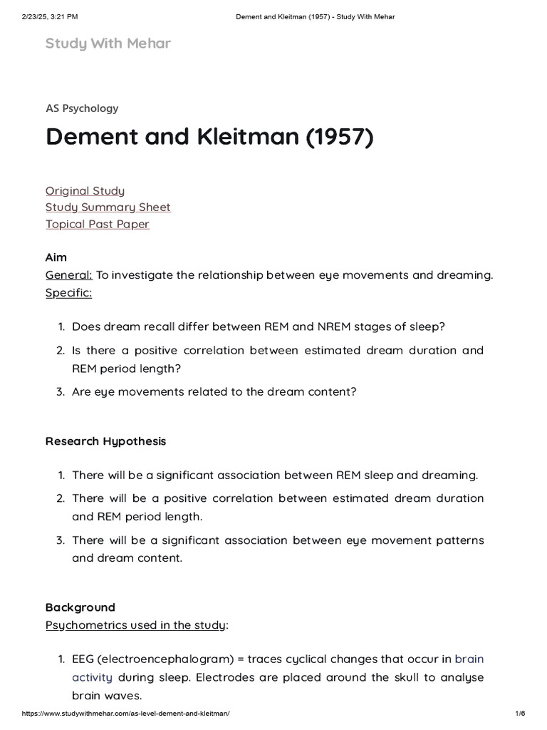 Dement and Kleitman (1957) - Study With Mehar | PDF | Rapid Eye ...