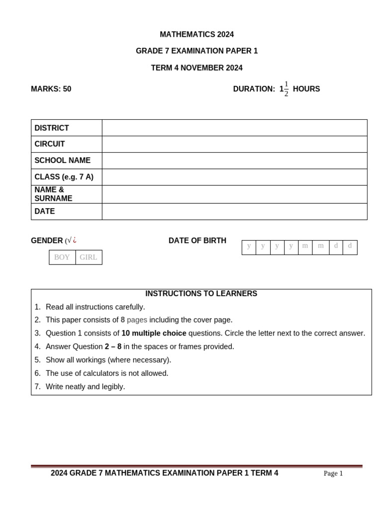 Grade 7 Term 4 Maths Exam Paper 1 | PDF | Numbers | Mathematics
